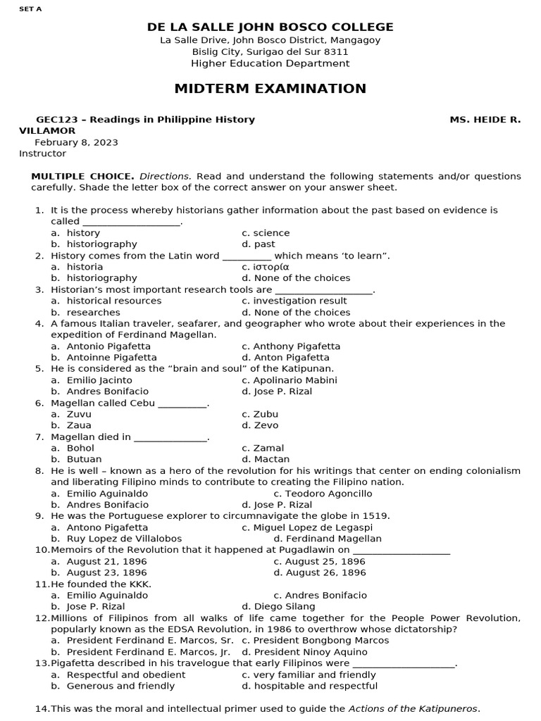 MIDTERM TQ, TOS, AnswerSheetKey A | PDF | Philippines