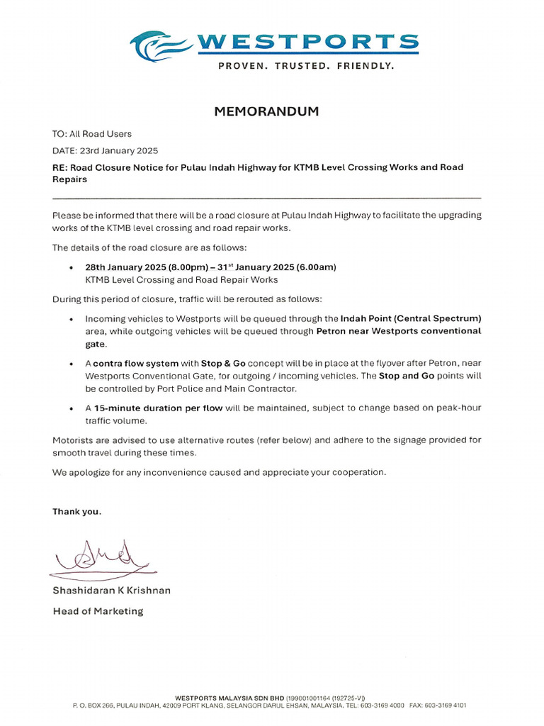 Road Closure Notice For Pulau Indah Highway For KTMB Level Crossing ...