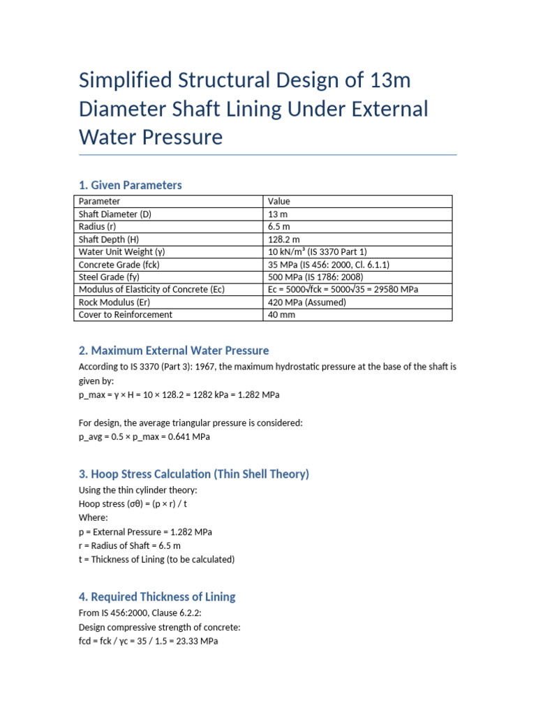 13m Shaft Lining Design Report With CrackWidth | PDF | Pascal (Unit) | Stress (Mechanics)