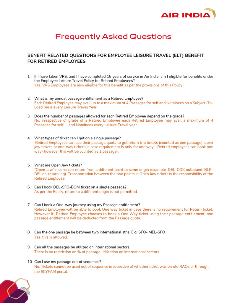 FAQ Document For Employee Leisure Travel Policy For Retired Employees ...