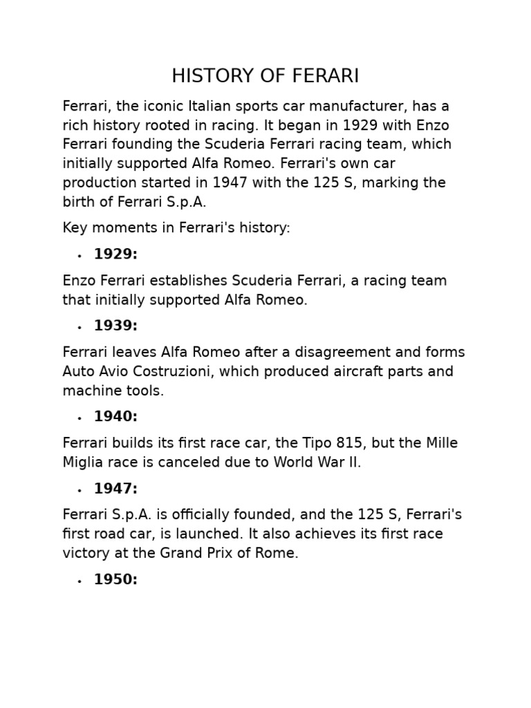 Ferrari: Origins and Historic Milestones | PDF