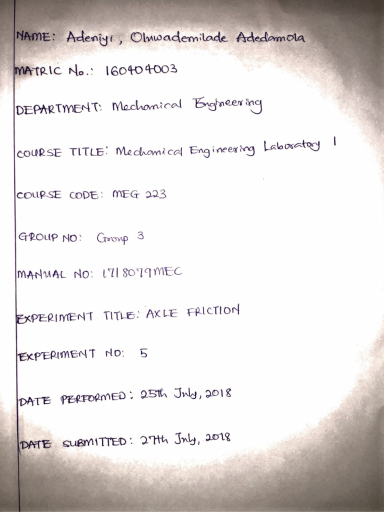 MEG223, Axle Friction Lab Report | PDF