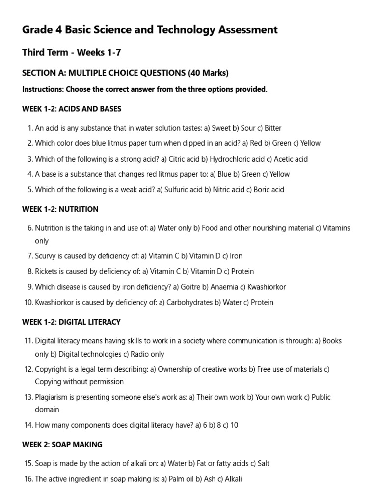 Grade 4 BST Assessment - Weeks 1-7 (3rd Term) | PDF | Insulator ...