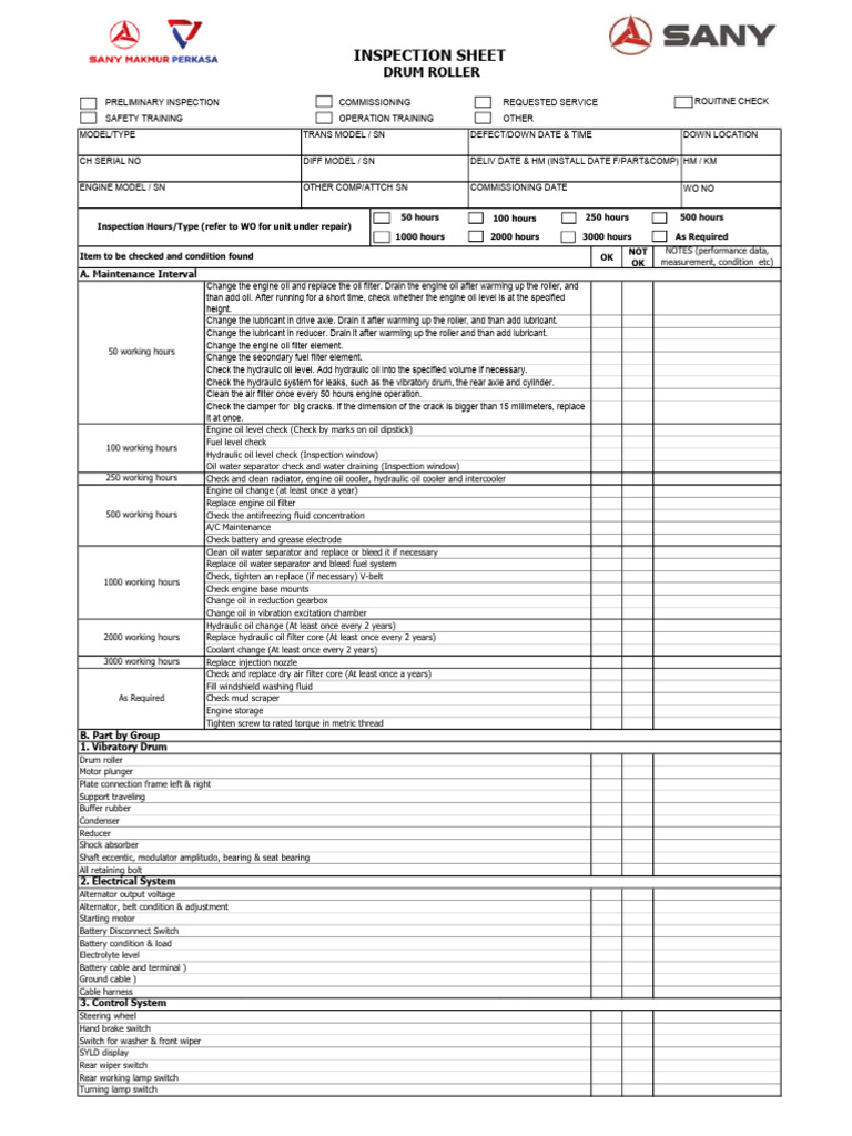 Drum Roller Inspection Checklist | PDF | Motor Oil | Switch
