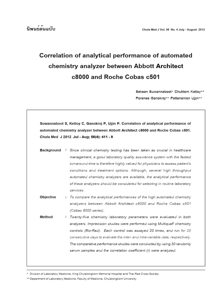 Chemistry Analyzer Between Abbott Architect and Cobas | PDF
