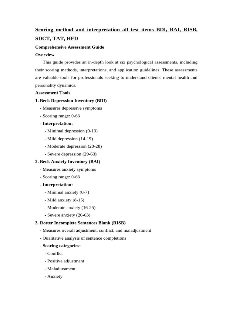Scoring Method and Interpretation All Test Items BDI, BAI, RISB, SDCT ...