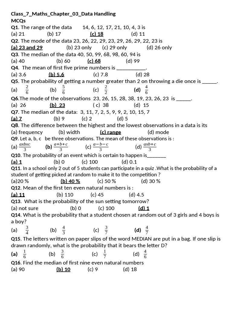 Class 7 Maths Chapter 03 Data Handling With MCQs Solved New | PDF | Median | Mean
