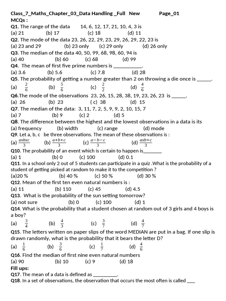 Class 7 Data Handling MCQs and Answers | PDF | Median | Mean
