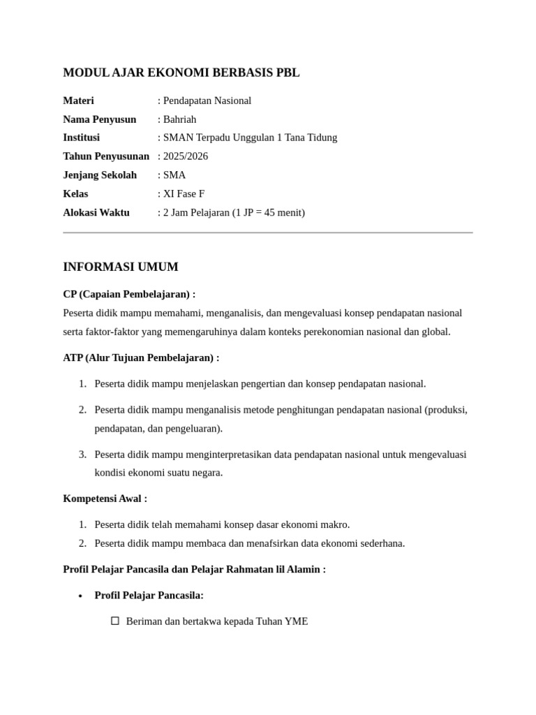 Modul PBL: Pendapatan Nasional Ekonomi | PDF