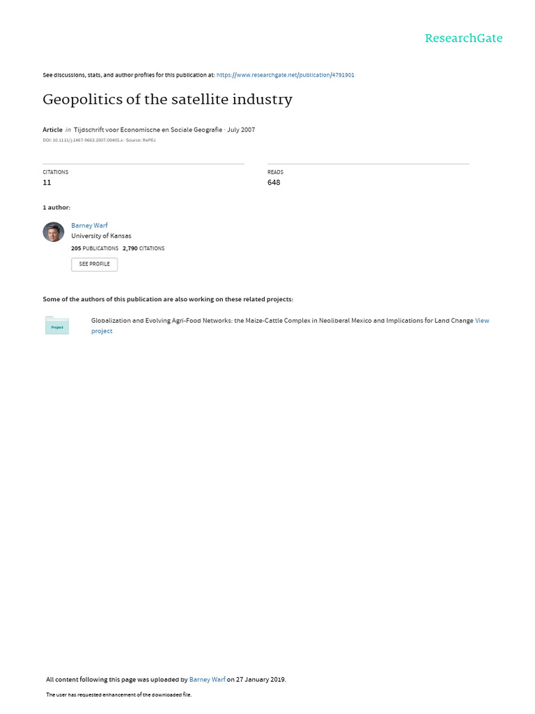 Barney Warf-Geopolitics of The Satellite Industry | PDF | Satellite | Communications Satellite