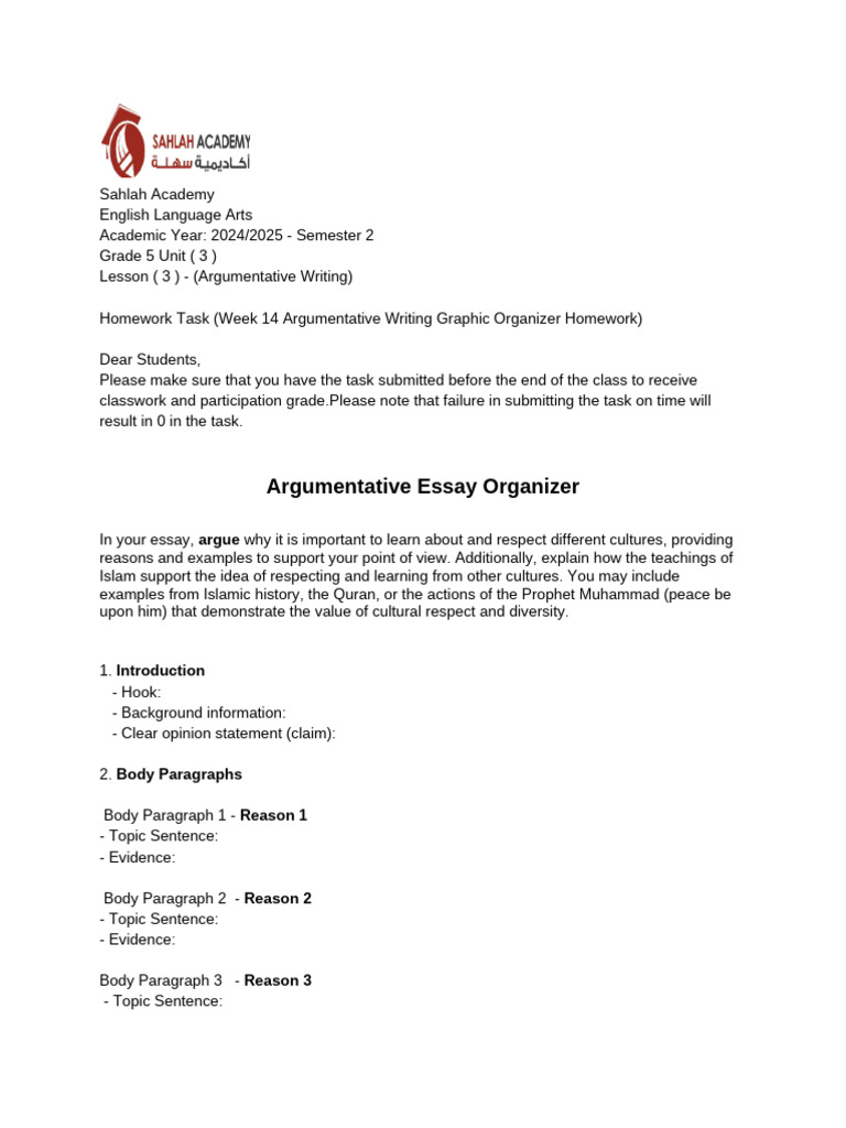 Week 14 Argumentative Writing Graphic Organizer Homework | PDF