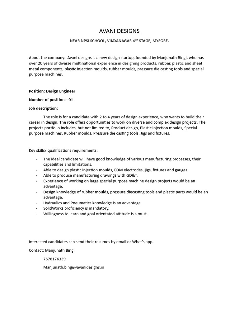 Design Engineer Position at Avani Designs | PDF