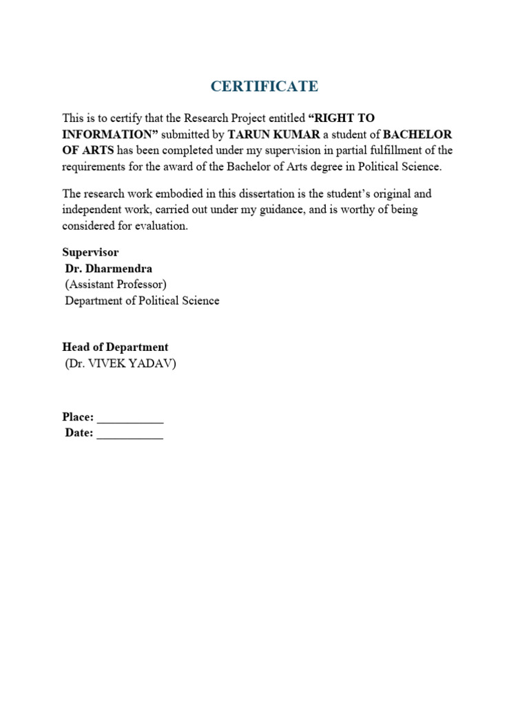 Certificate for Research on Right to Information | PDF