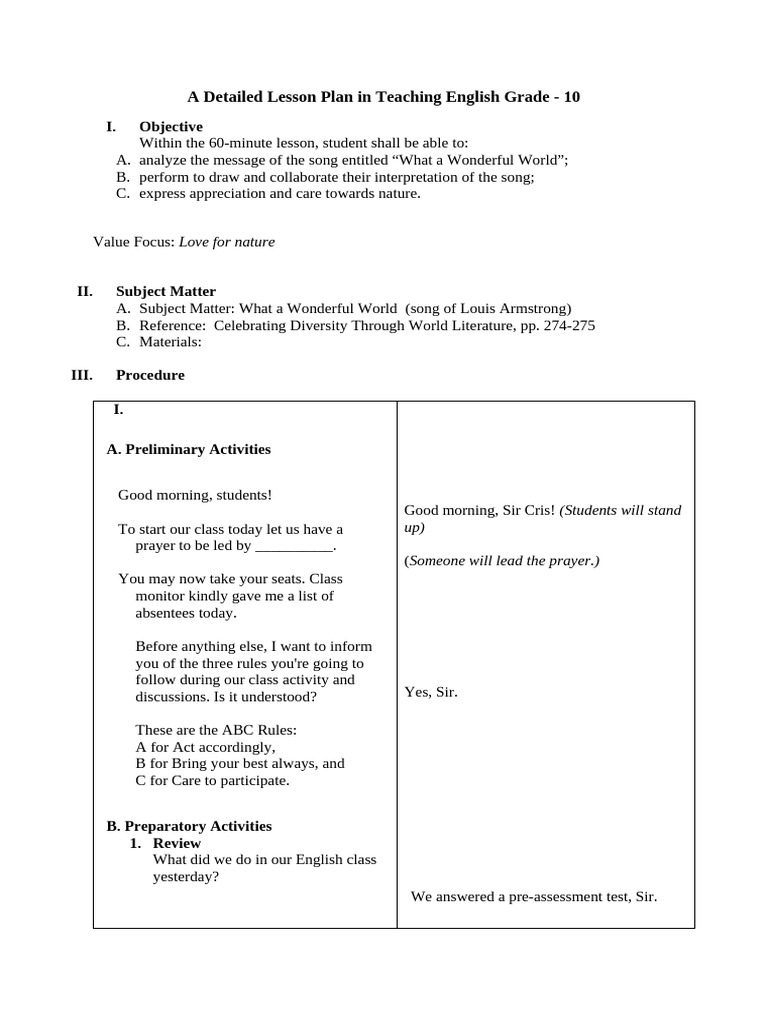 A Detailed Lesson Plan in Teaching English Grade | PDF