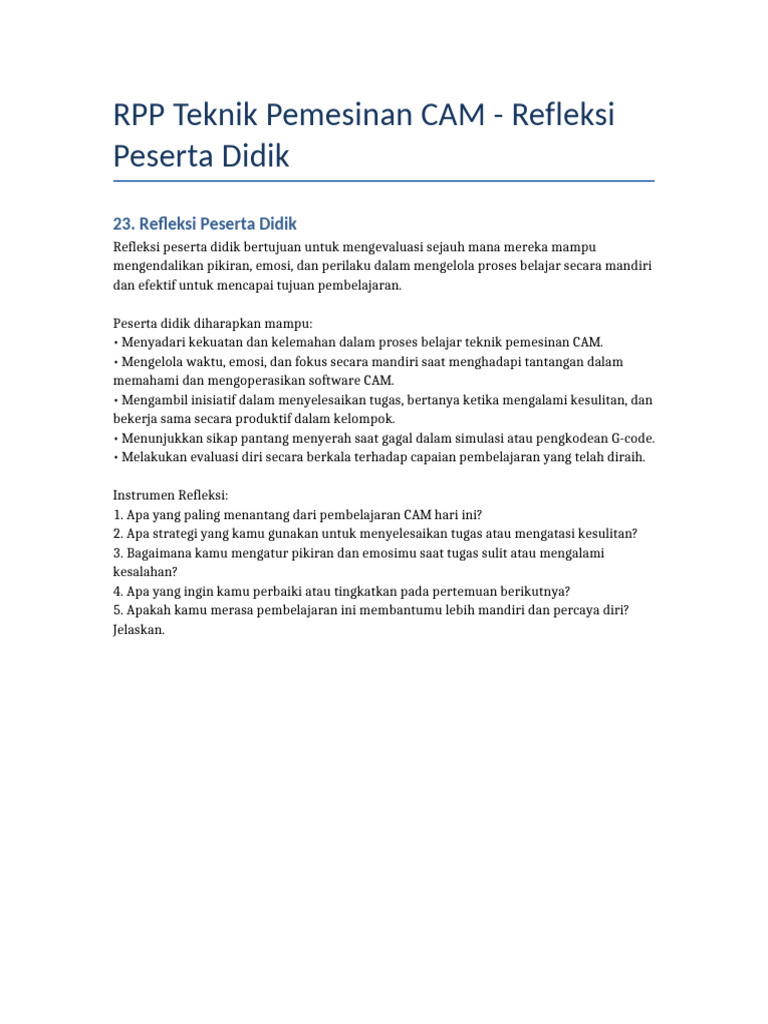 RPP Teknik Pemesinan CAM Refleksi Peserta Didik Guru | PDF