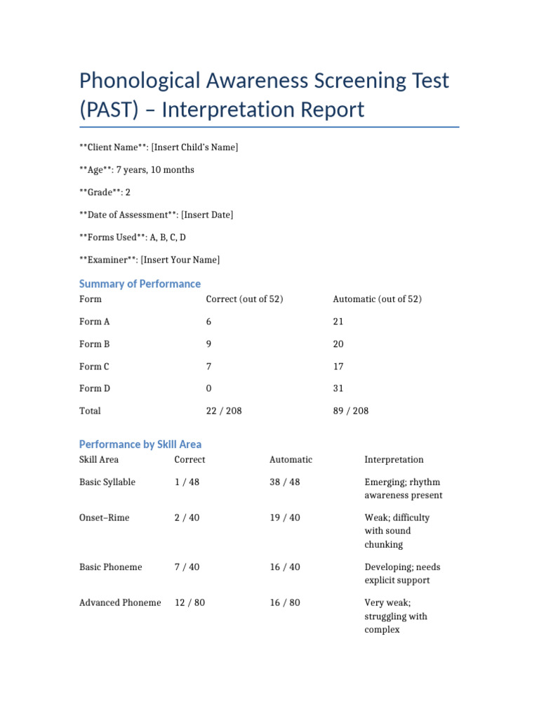 PAST Phonological Awareness Report | PDF | Phonics | Applied Linguistics