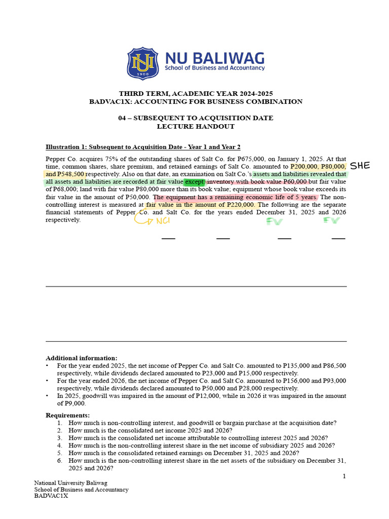 (BusCom) Lecture Handout - 5-10&17-2025 - Subsequent To Acquisition Date | PDF | Debits And ...