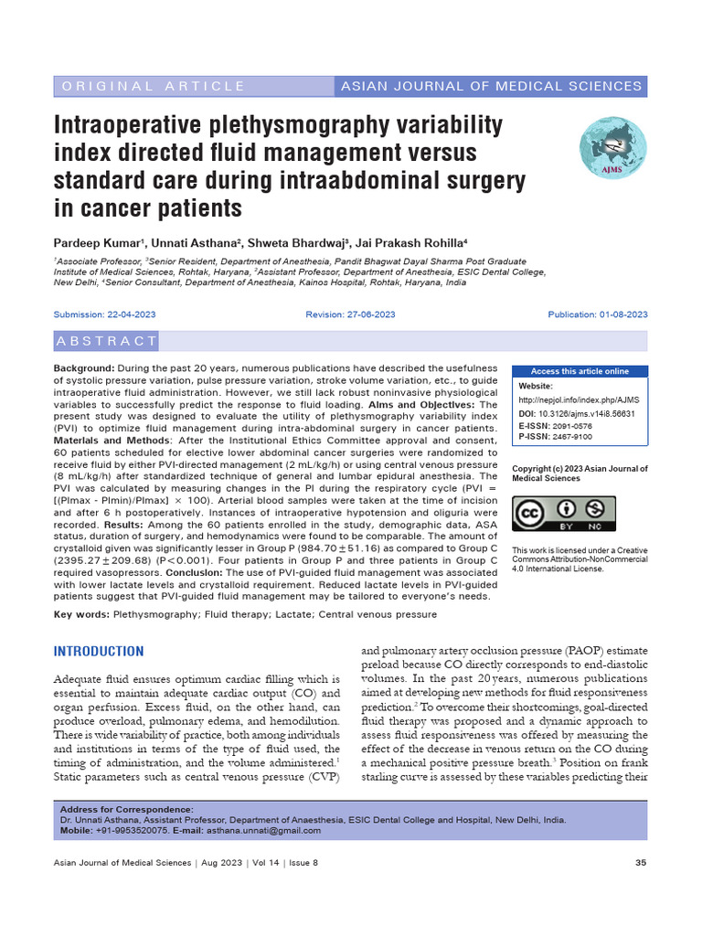 Intraoperative Plethysmography Variability Index Directed Fluid ...