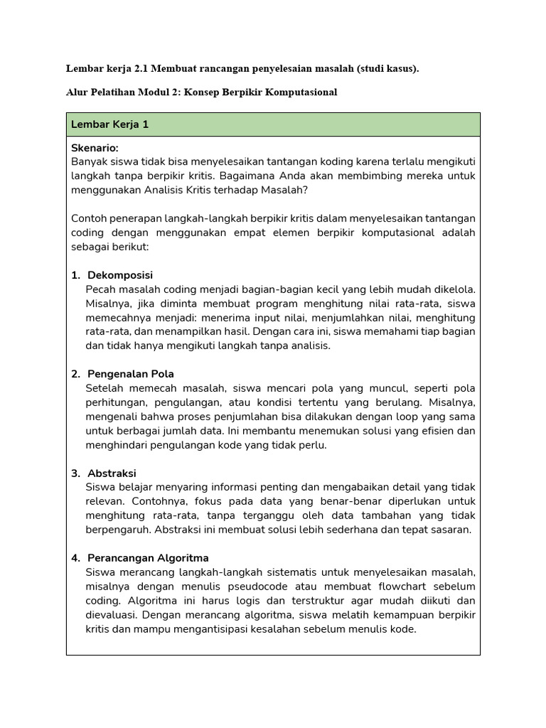 Modul 2 Lembar Kerja 2.1 Membuat Rancangan Penyelesaian Masalah (Studi Kasus) . | PDF