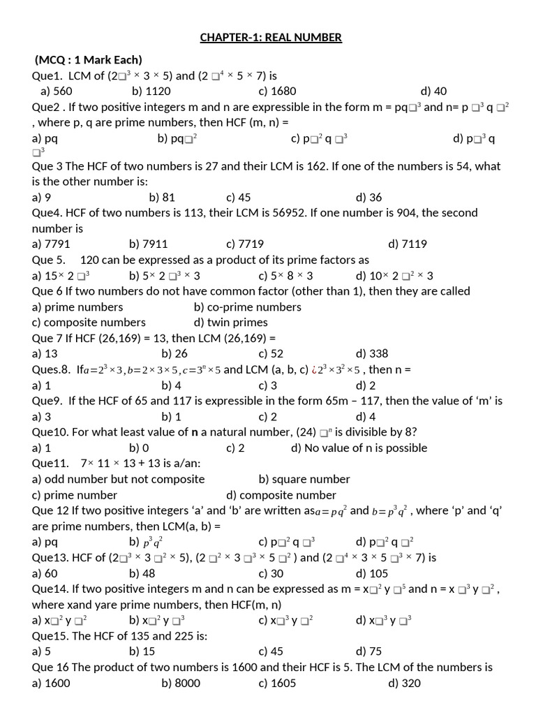 HCF and LCM Concepts in Real Numbers | PDF | Prime Number | Numbers