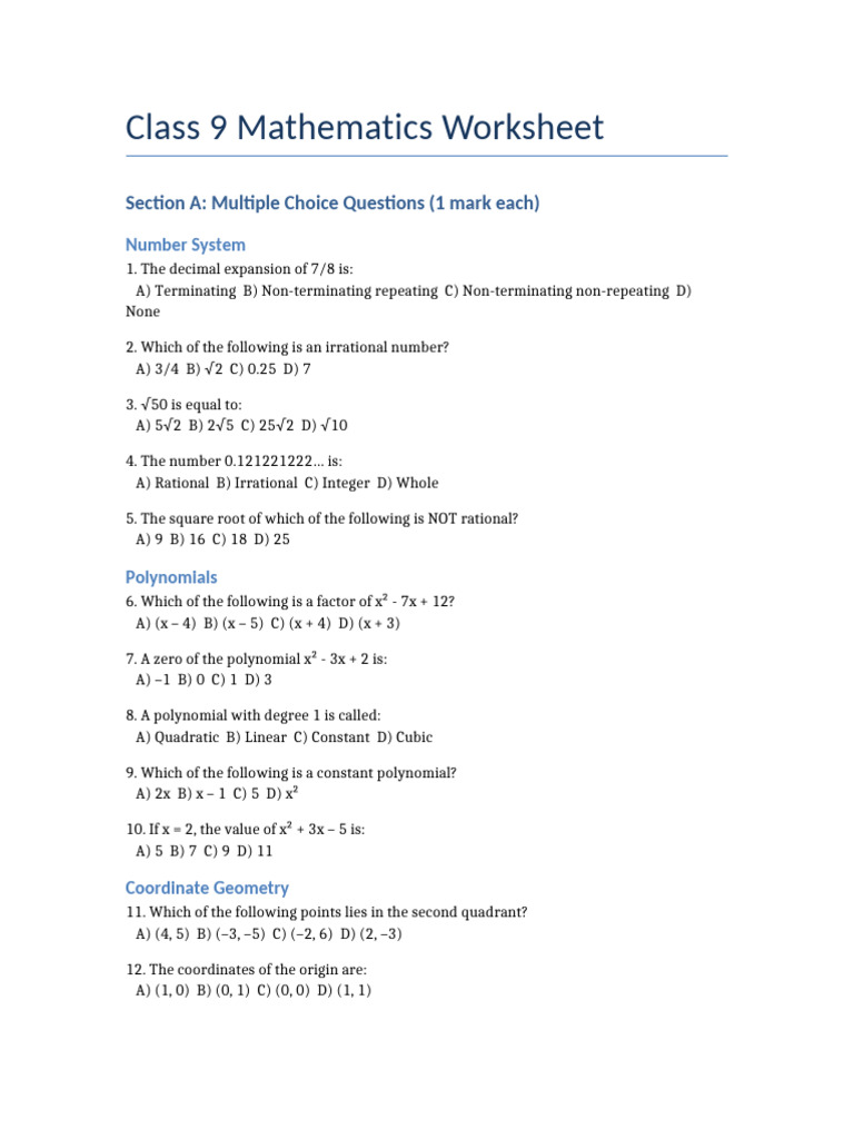 Class9 Maths Complete Worksheet | PDF | Cartesian Coordinate System ...