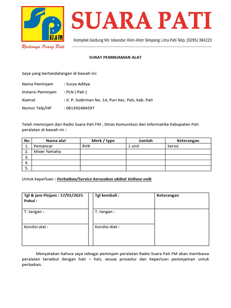 Surat Bon Alat | PDF