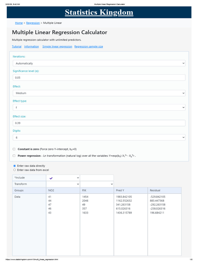 NO2 PJK Multiple Linear Regression Calculator | PDF | Errors And Residuals | Linear Regression