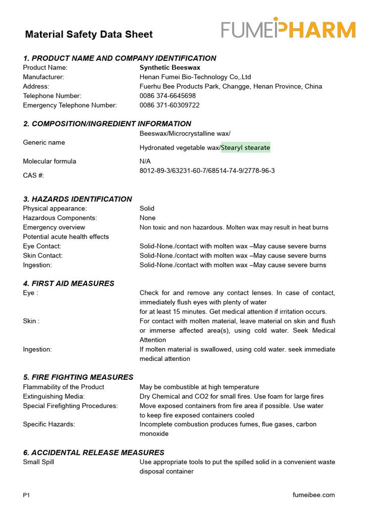Synthetic Beeswax Safety Data Sheet | PDF | Toxicity | Fires