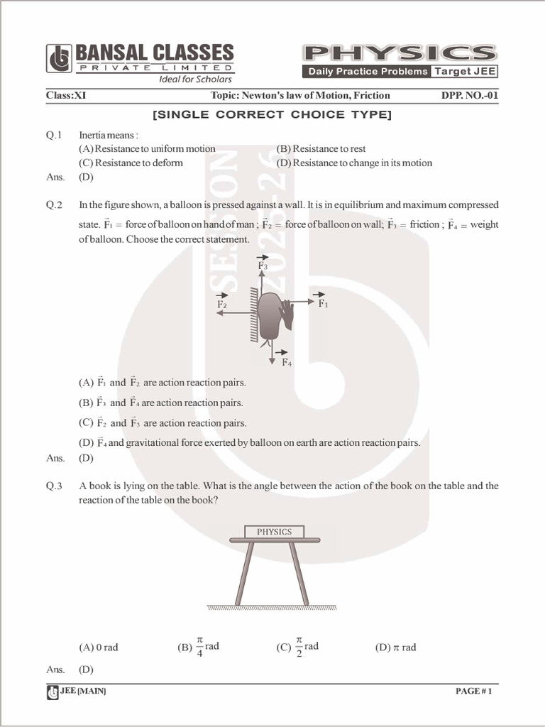 DPP-1 To 8 - Newton's Law of Motion, Friction | PDF | Force | Friction