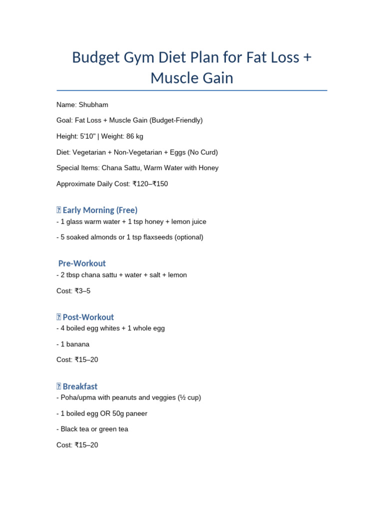 Budget Gym Diet Plan Shsubham | PDF