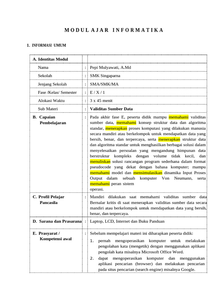 Modul Ajar Informatika Validitas Sumber Data | PDF