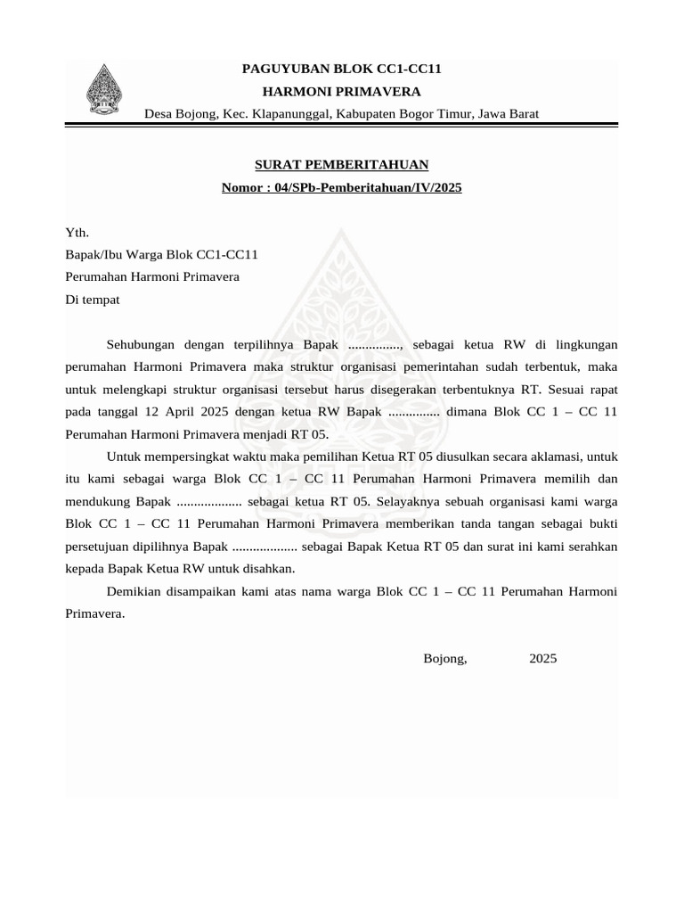 Surat Pemberitahuan Pengukuhan Pak RT | PDF