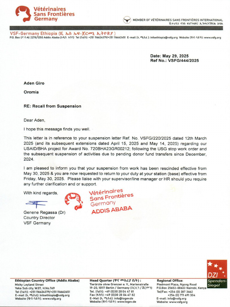 Oromia - Recall Letter | PDF
