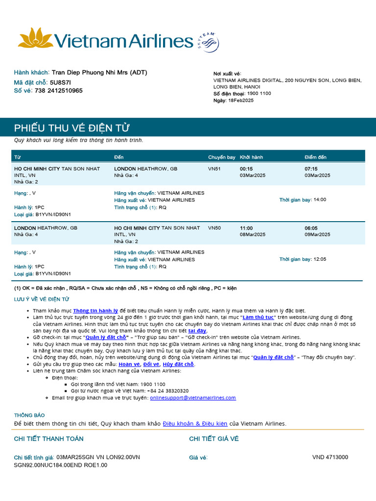 VNA FlightTickets (Vie) | PDF