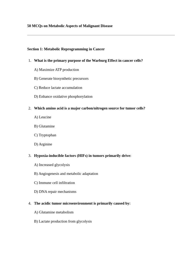 50 MCQs on Cancer Metabolism and Markers | PDF | Cancer | Androgen