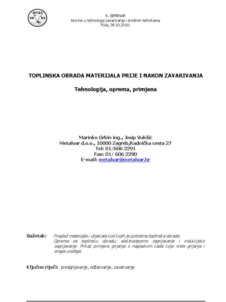 Toplinska Obrada Materijala Prije I Nakon Zavarivanja | PDF