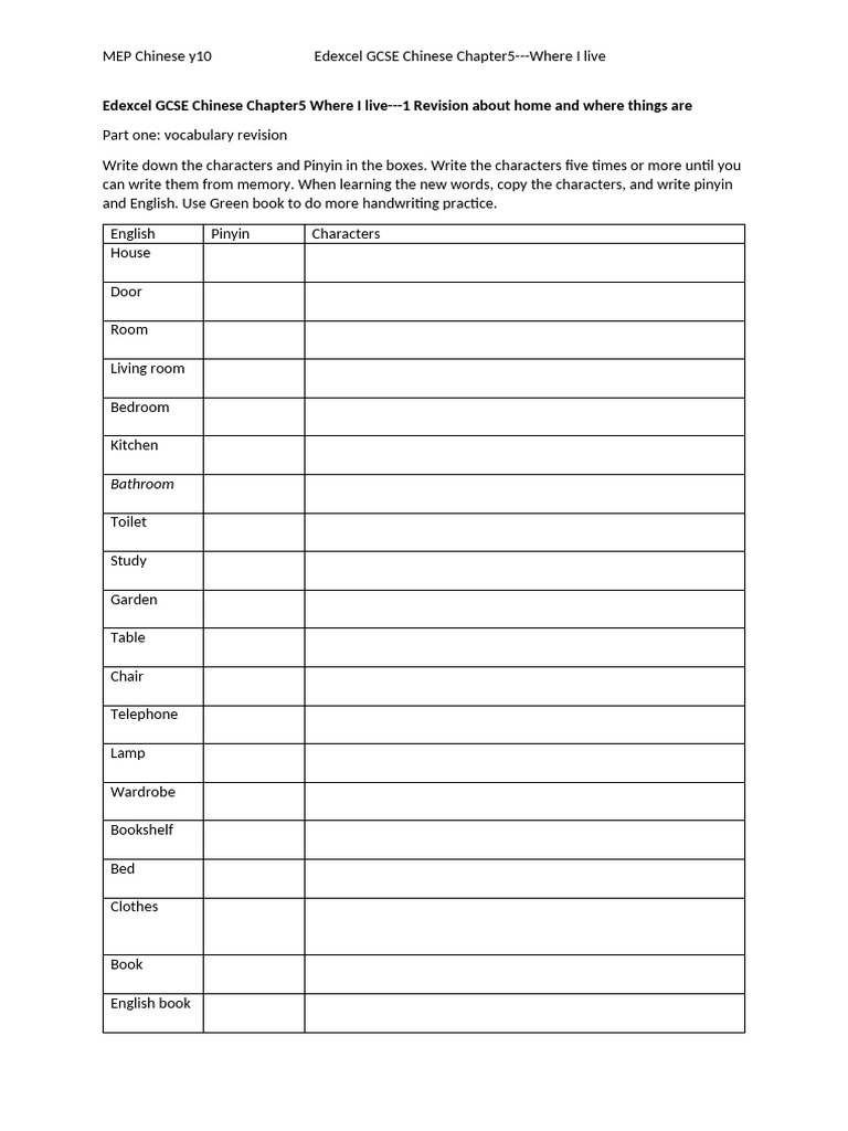 Edexcel GCSE Chinese Chapter5 Where I live---1 Revision about home and ...