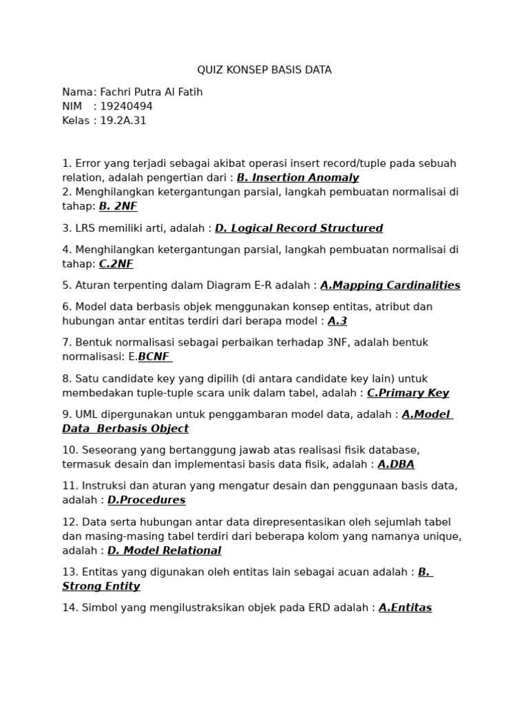 Quiz Konsep Basis Data dan Normalisasi | PDF