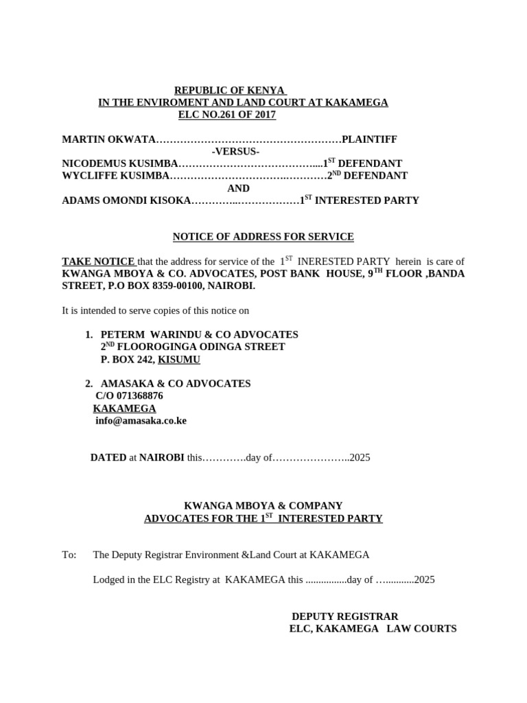 Notice of Address for Service - ELC 261/2017 | PDF