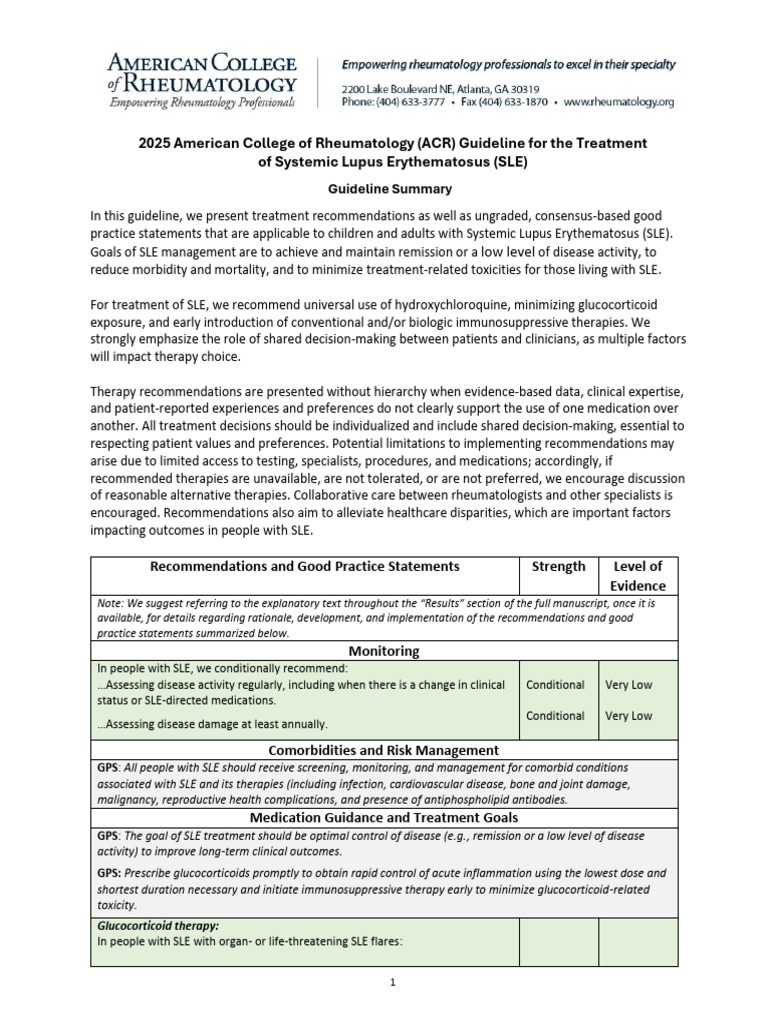 ACR 2025 SLE Treatment Guidelines Summary | PDF | Clinical Medicine ...