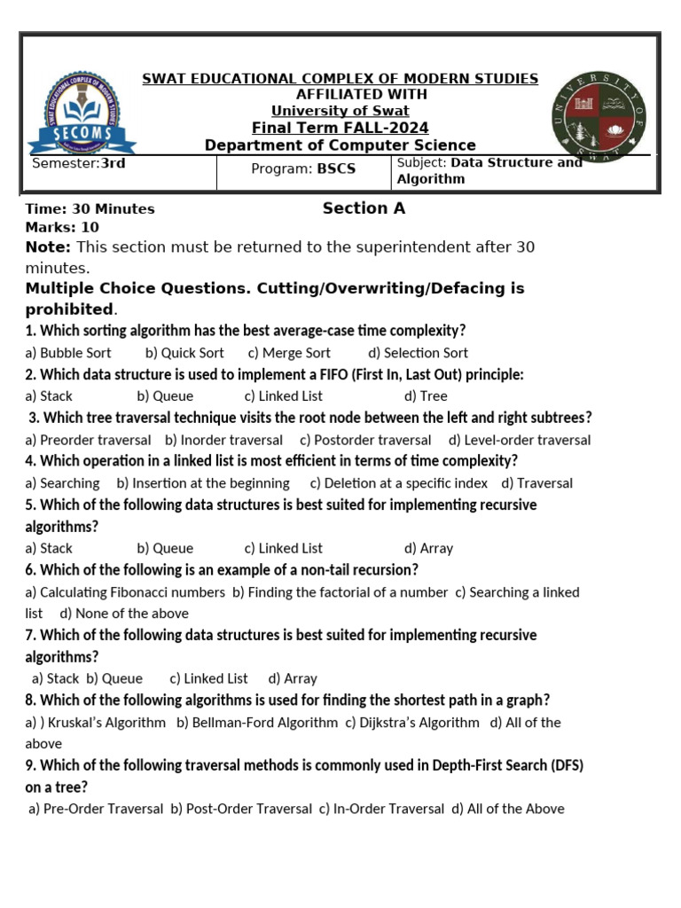 Dsa Paper B Final Term 2024 | PDF | Applied Mathematics | Discrete Mathematics