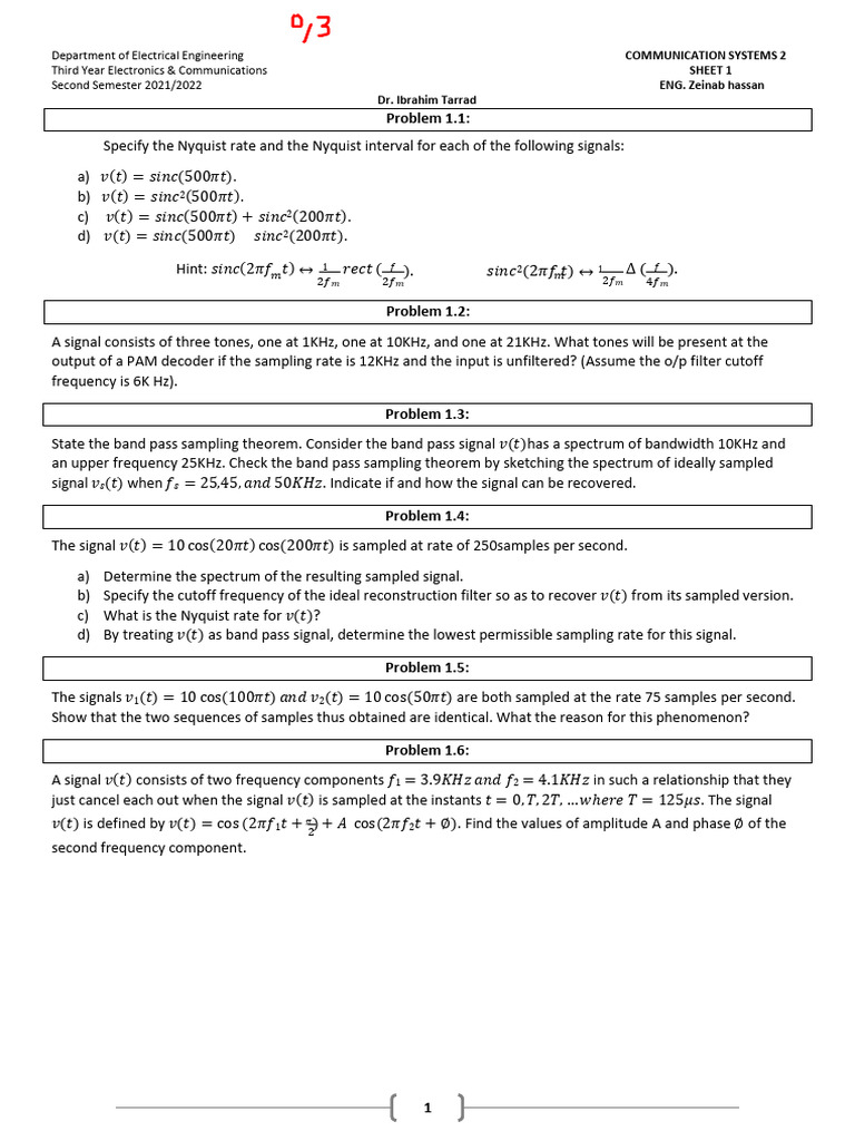 Sampling Sheet | PDF | Sampling (Signal Processing) | Bandwidth (Signal Processing)