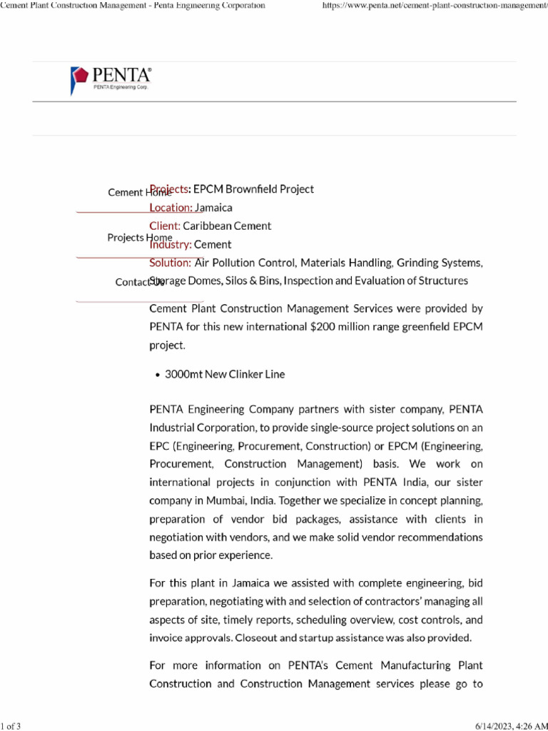 Cement Plant Construction Management - Penta Engineering Corporation | PDF
