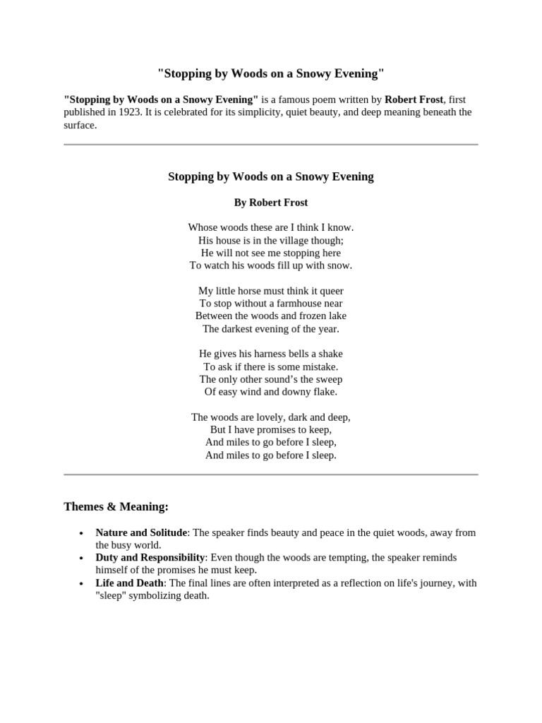 Meaning of Stopping by Woods Poem | PDF | Poetry