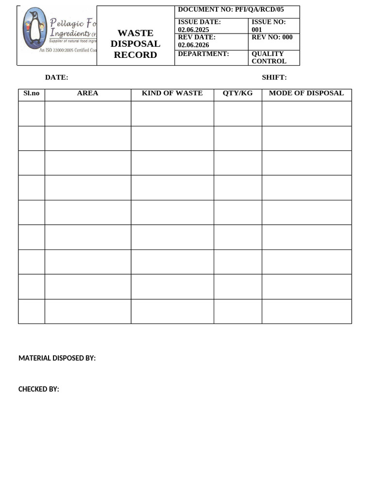 Waste Disposal Record Template | PDF