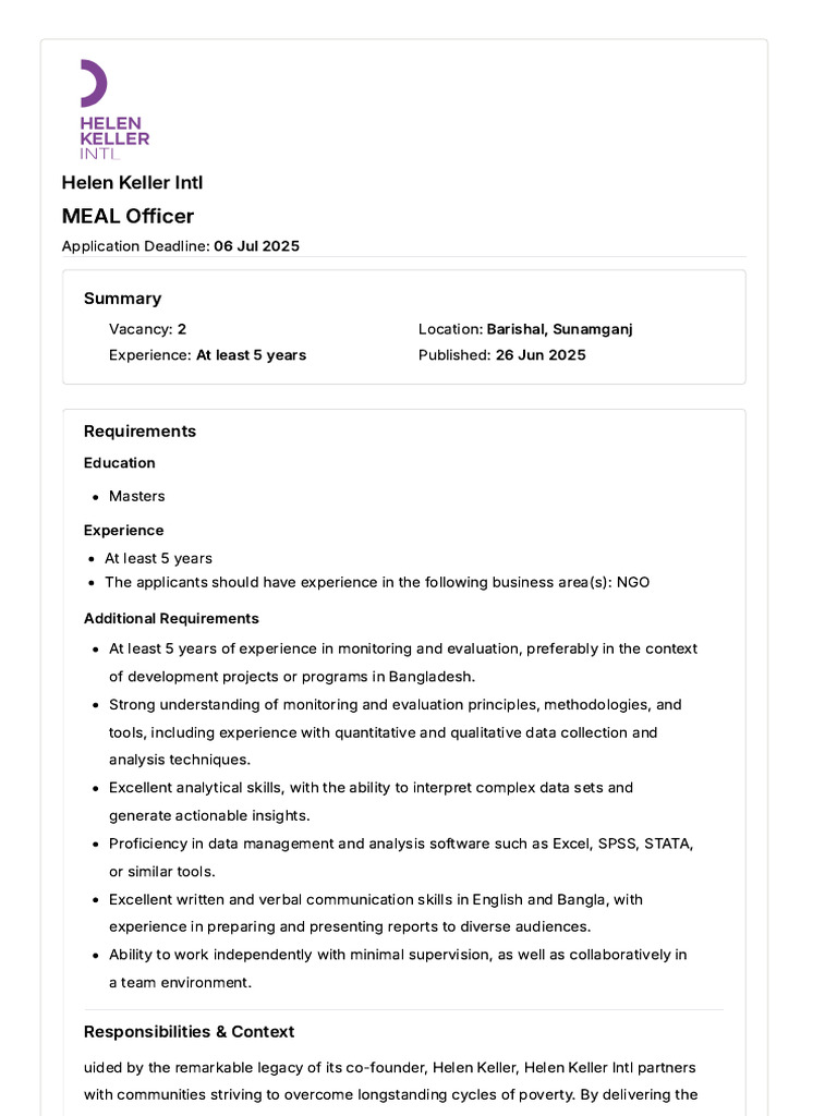 MEAL Officer Position at Helen Keller Bangladesh | PDF | Business