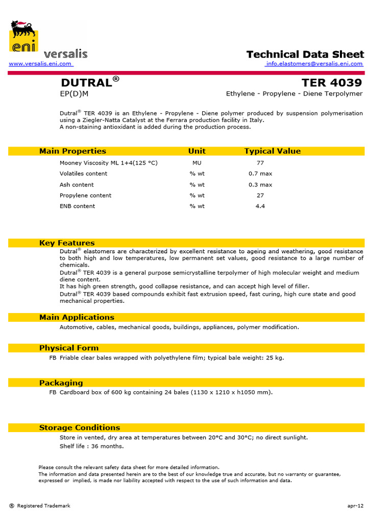 Dutral® TER 4039 Technical Data Sheet | PDF | Polymers | Organic Polymers
