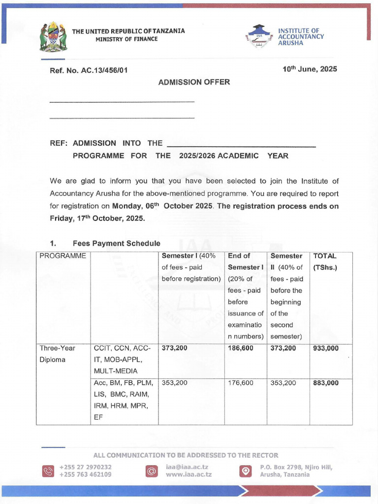 6849752d90bc4 Admission Offer Tamisemi | PDF
