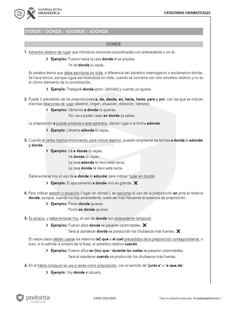 Uso y clasificación de "donde" y "dónde" | PDF | Adverbio | Verbo