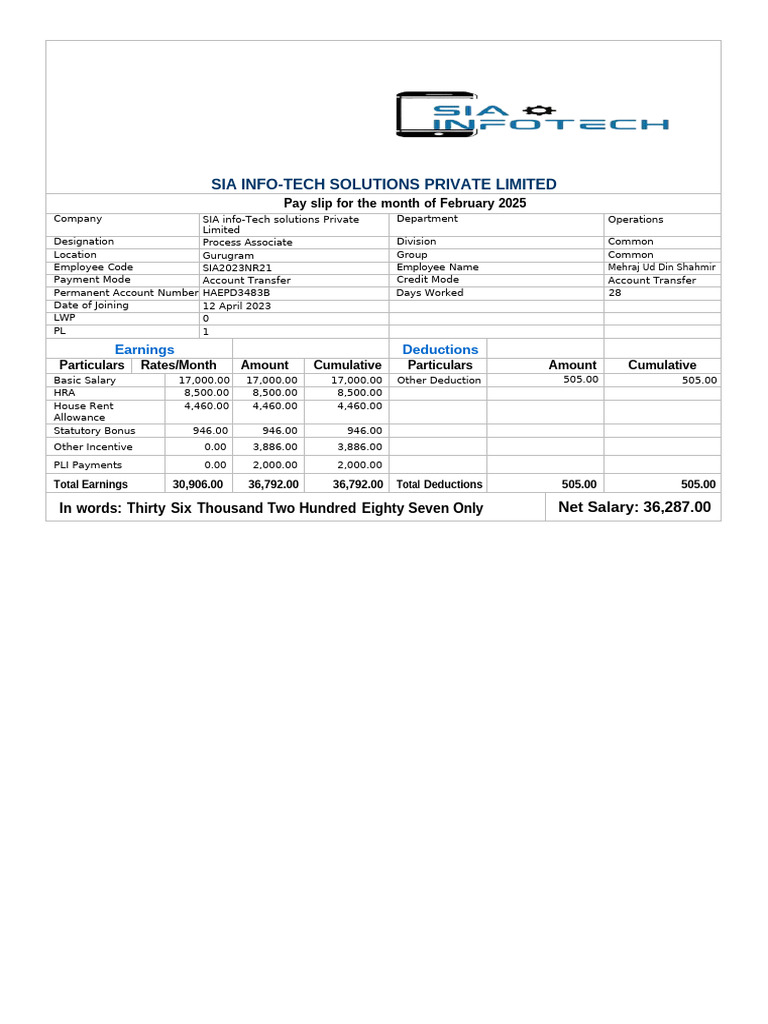 Feb-2025 - To - April-2025 - Salary Slips For Emp Id SIA2023NR21 | PDF ...